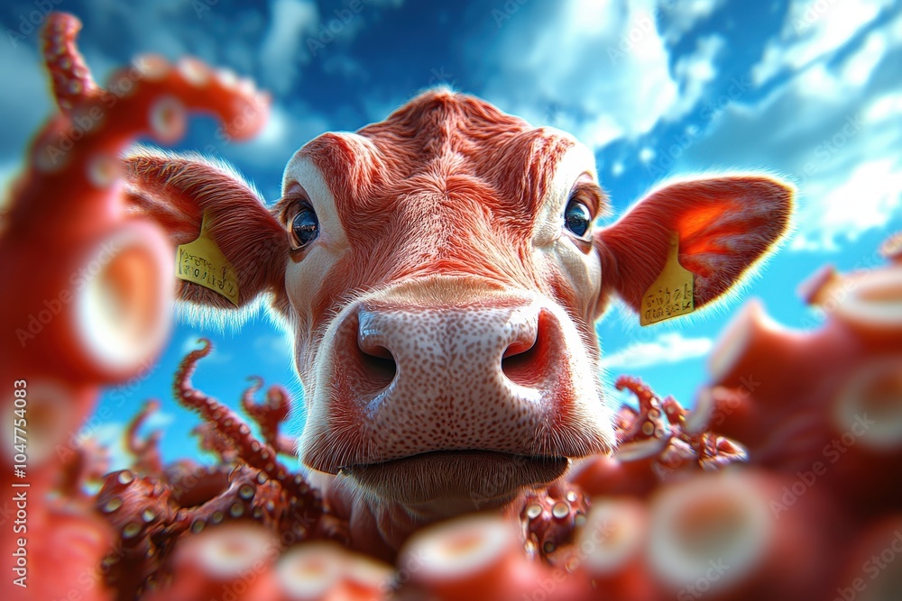 A surreal image depicts a cow with octopus tentacles wrapping around ...