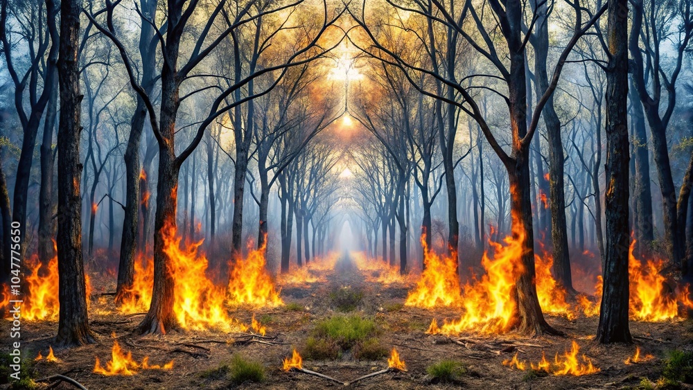 Symmetrical dry forest vegetation and duff with wildfire burning Stock ...