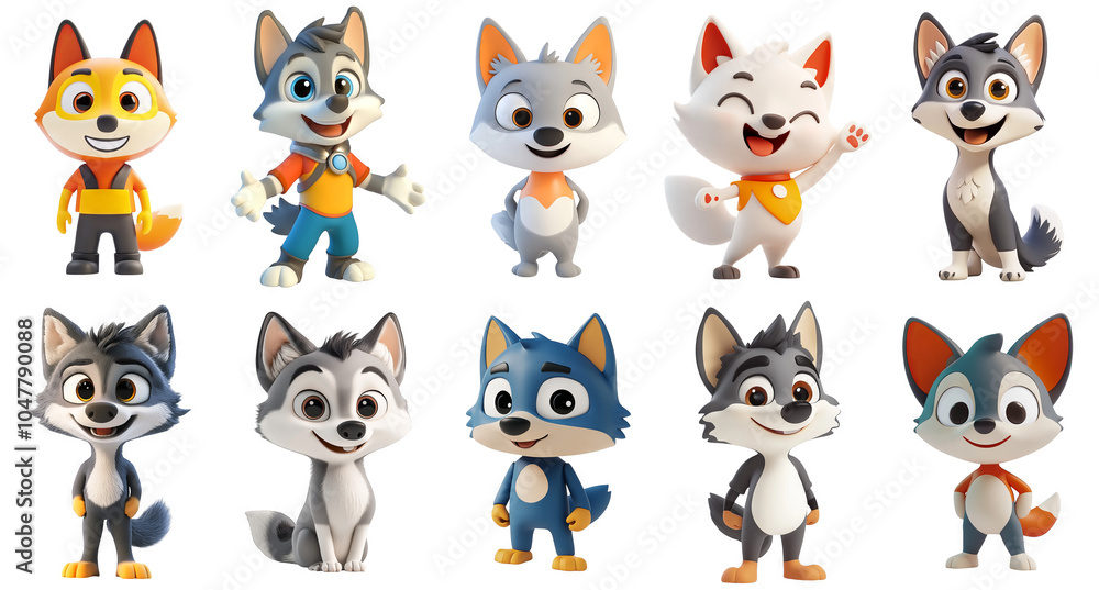 Cute Cartoon Wolf Characters Illustration Set with Transparent ...