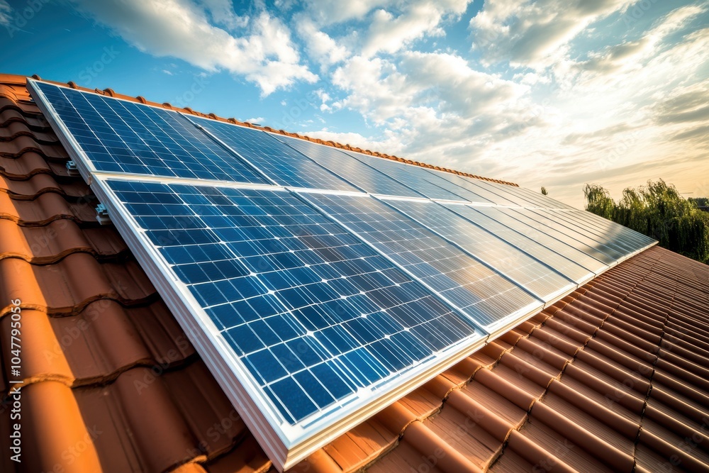 Solar panels converting sunlight into renewable energy on a roof Stock ...