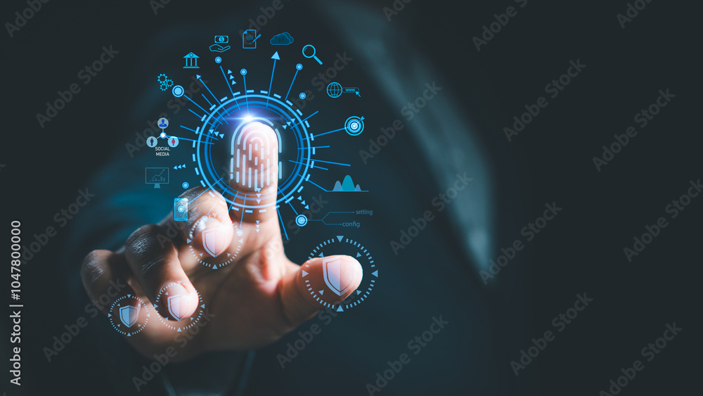 Concept Cyber Security Protection Of Privacy Personal Data Businessman Thumbs Up Fingerprint To