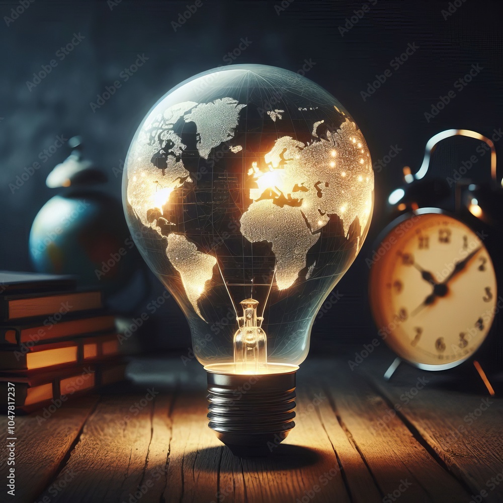 Light bulb covered with a world map. Energy efficiency , big idea and ...