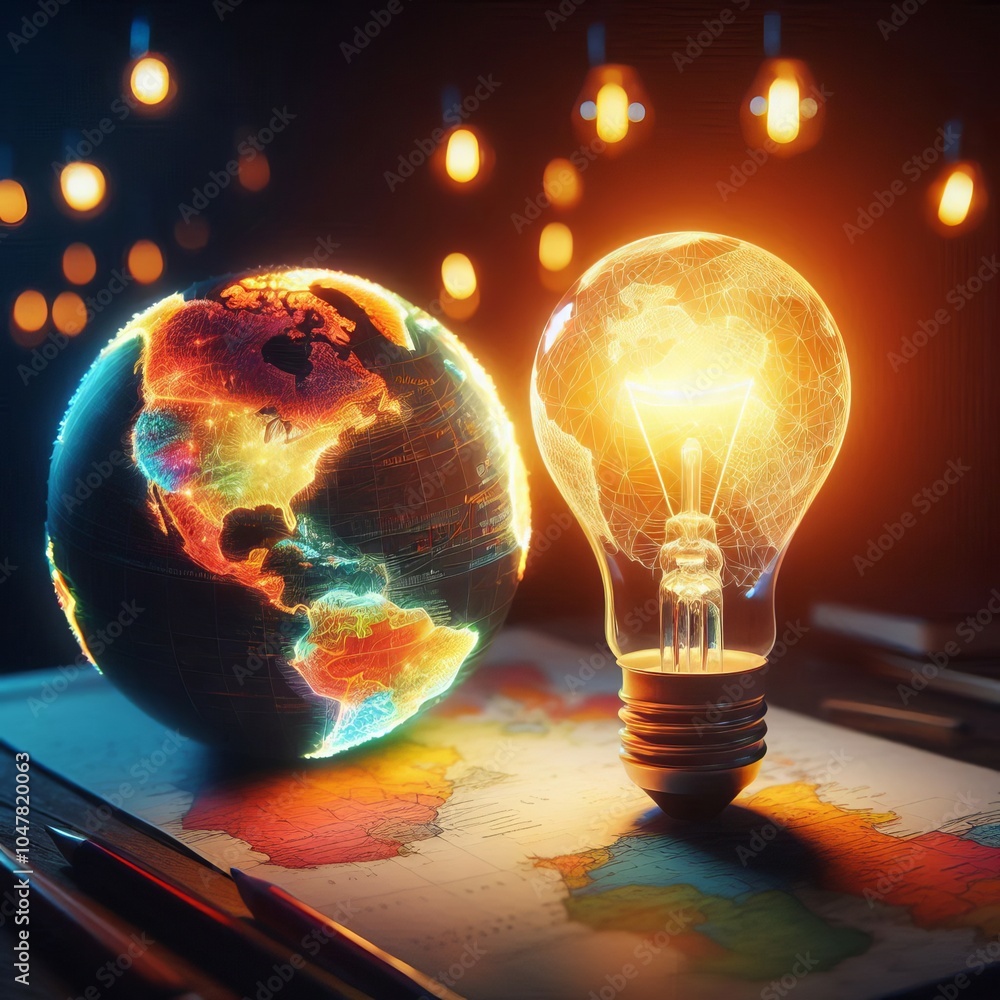 Light bulb covered with a world map. Energy efficiency , big idea and ...