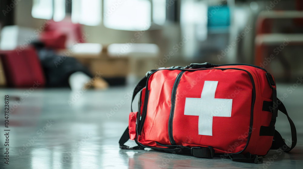 A red first aid kit rests on the floor, indicating readiness for ...