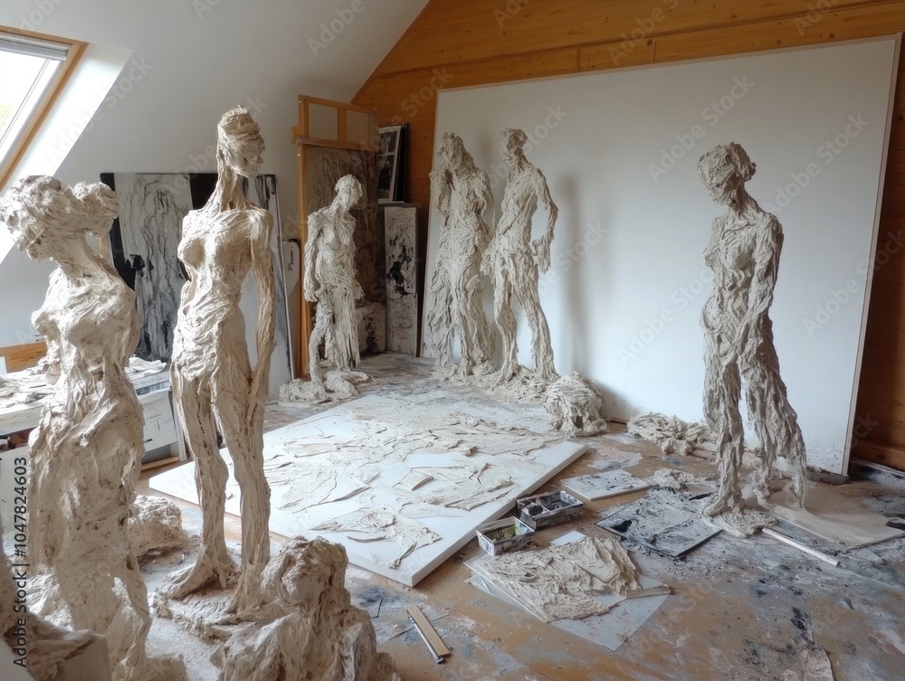 Sculptures of the human form in various stages of completion in an ...