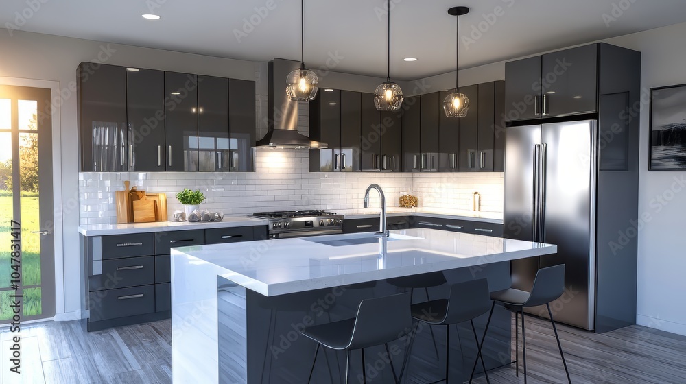 Ultra-realistic modern gray kitchen in Northwest USA, with dark gray ...