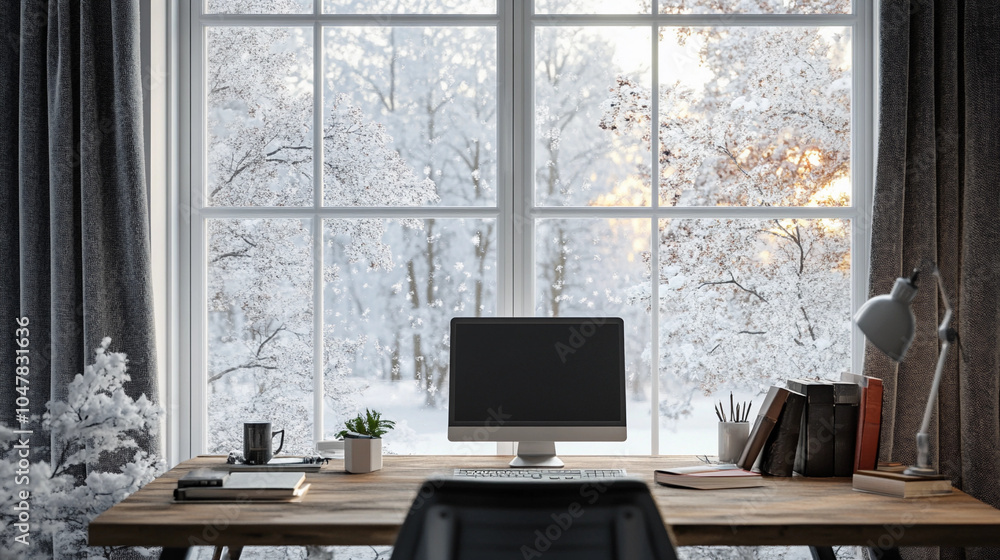 Zoom Background office with winter view Stock Photo | Adobe Stock
