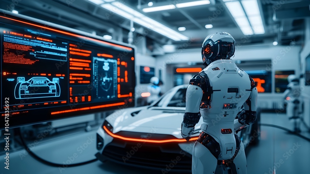 Robots Collaborating to Repair Futuristic Race Car in Hyper Modern ...