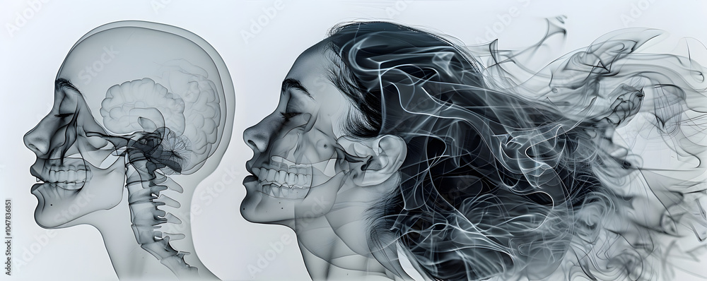 An artistic X-ray side view of a human skull, showing detailed brain ...