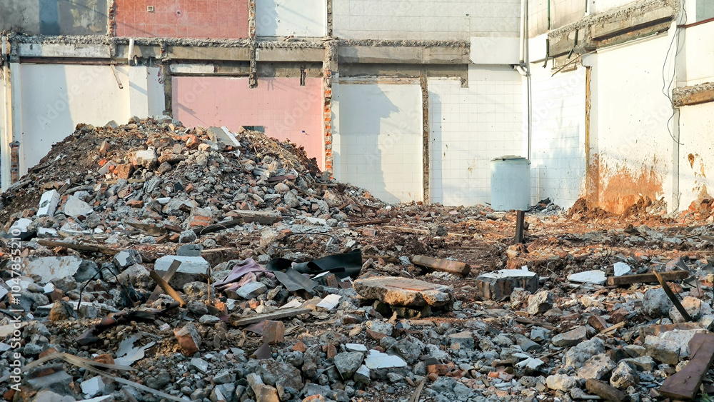 A demolished building with piles of rubble and debris filling the ...