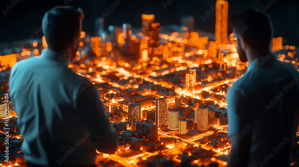 Engineers planning digital infrastructure on a holographic city model ...