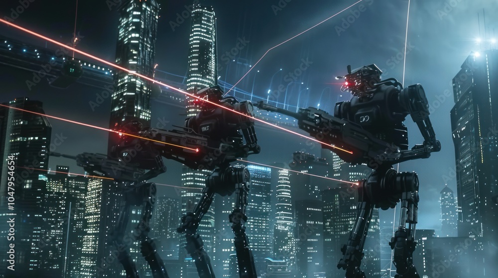 Swat team of robots in futuristic steel armor in a glowing cityscape ...