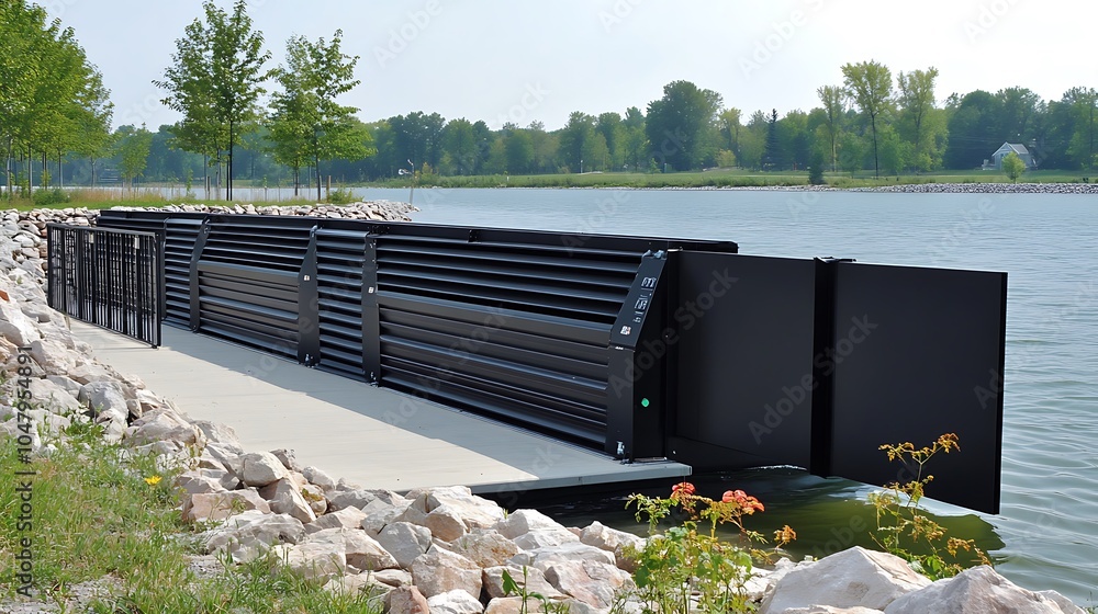 Black Metal Flood Gate on a Lake Shore. Stock Photo | Adobe Stock