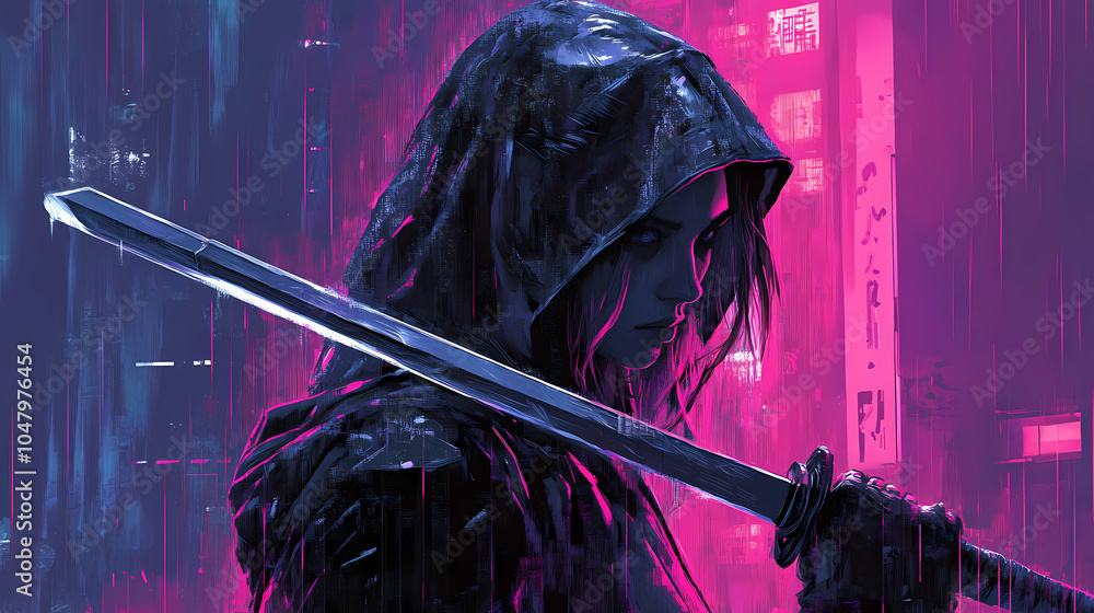 Cyberpunk style mysterious hooded warrior woman with dagger cybernetic ...