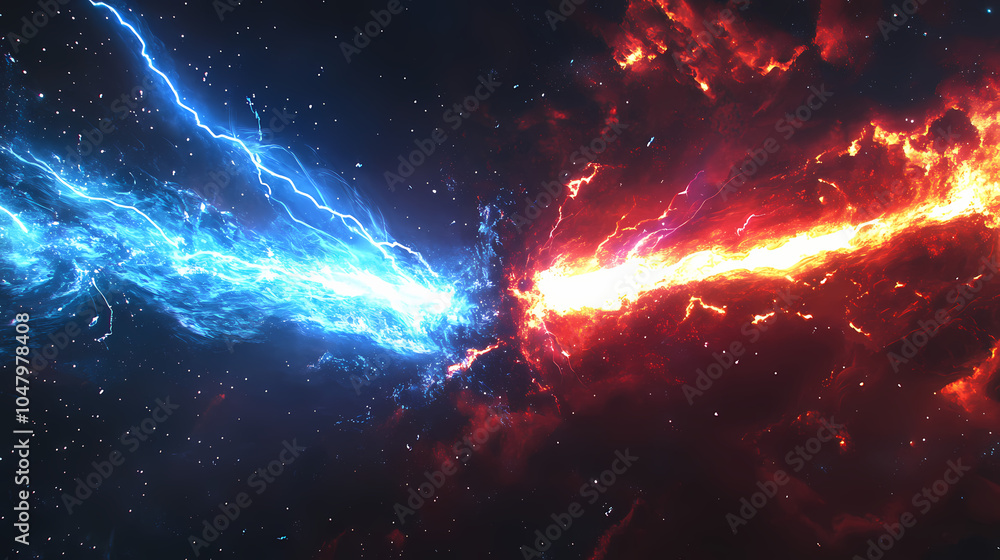 Epic cosmic battle, fire and ice collision, blue lightning vs red ...
