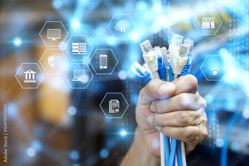 Hand IT officer holding LAN internet network cable or RJ45 UTP Cat6 ...