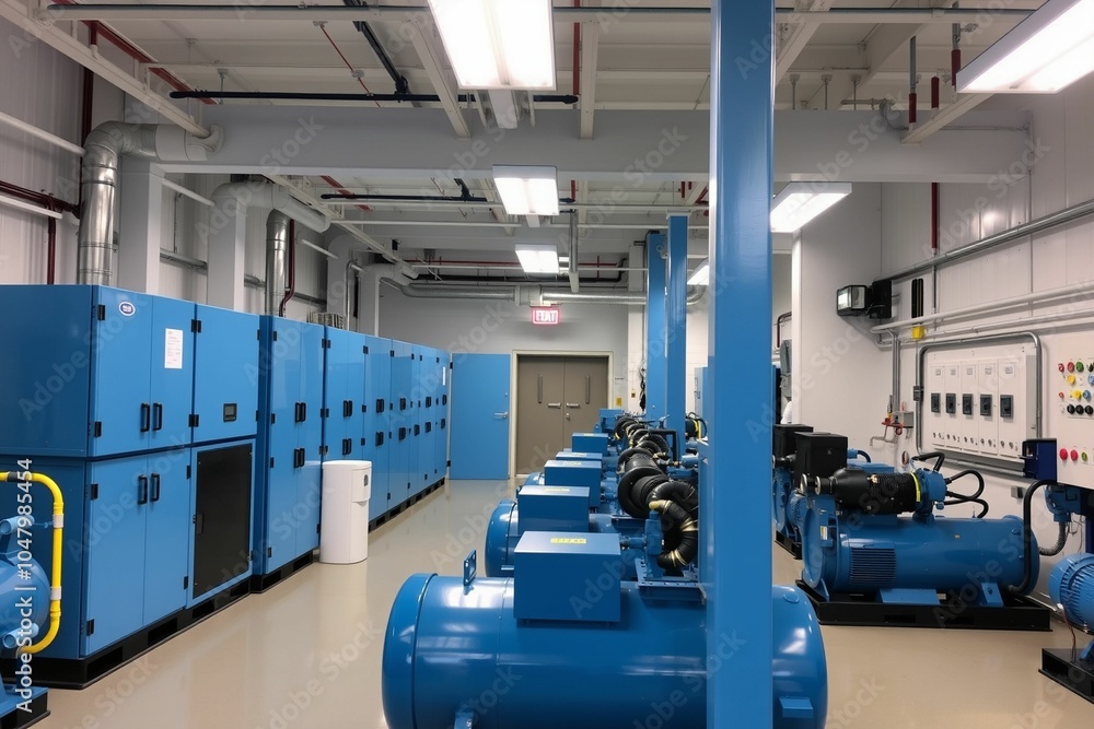 Industrial machine room with blue equipment and control cabinets ...