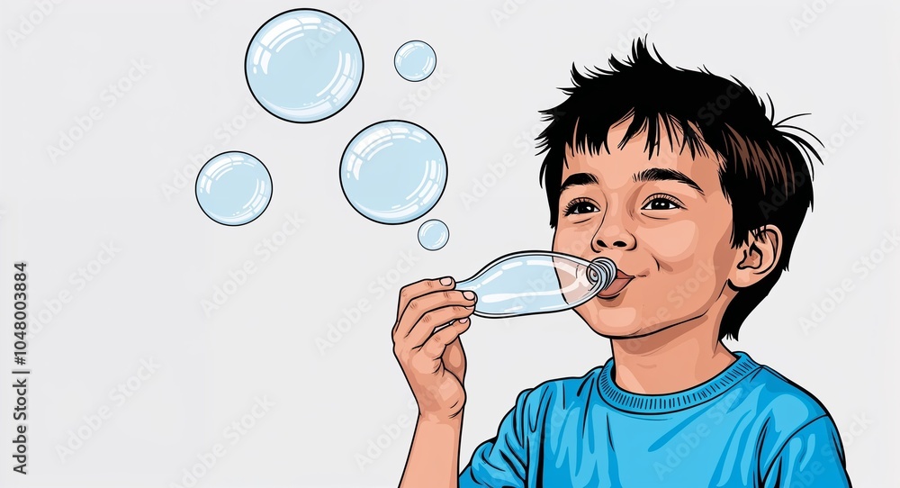Hand drawing clipart of a boy blowing bubbles, smiling on plain white ...