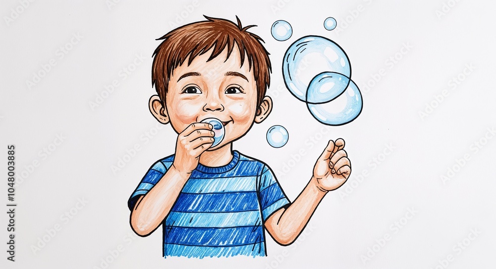 Hand drawing clipart of a boy blowing bubbles, smiling on plain white ...