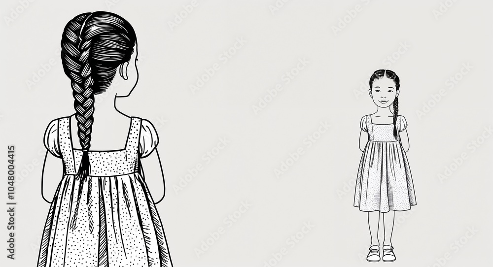 Hand drawing clipart of a girl with her hair in braids, wearing a ...