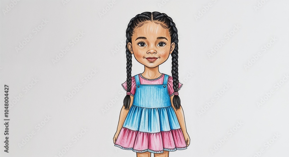 Hand drawing clipart of a girl with her hair in braids, wearing a ...