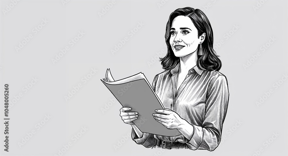 Hand drawing clipart of a woman actress on stage holding a script on ...