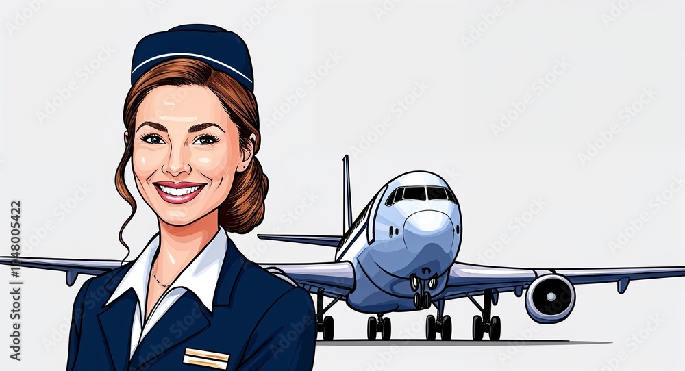 Hand drawing clipart of a woman flight attendant smiling with an ...