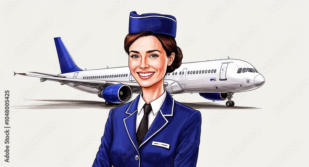 Hand drawing clipart of a woman flight attendant smiling with an ...