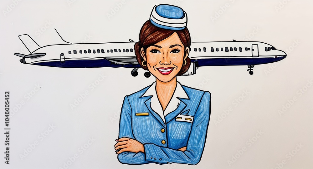 Hand drawing clipart of a woman flight attendant smiling with an ...