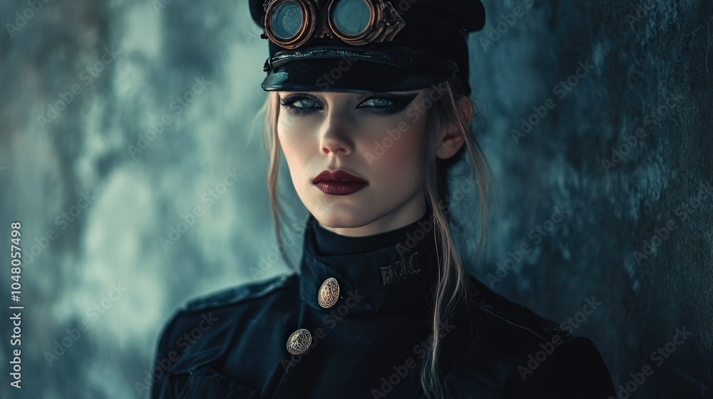 Dark steampunk style fashion costume military beautiful woman model ...