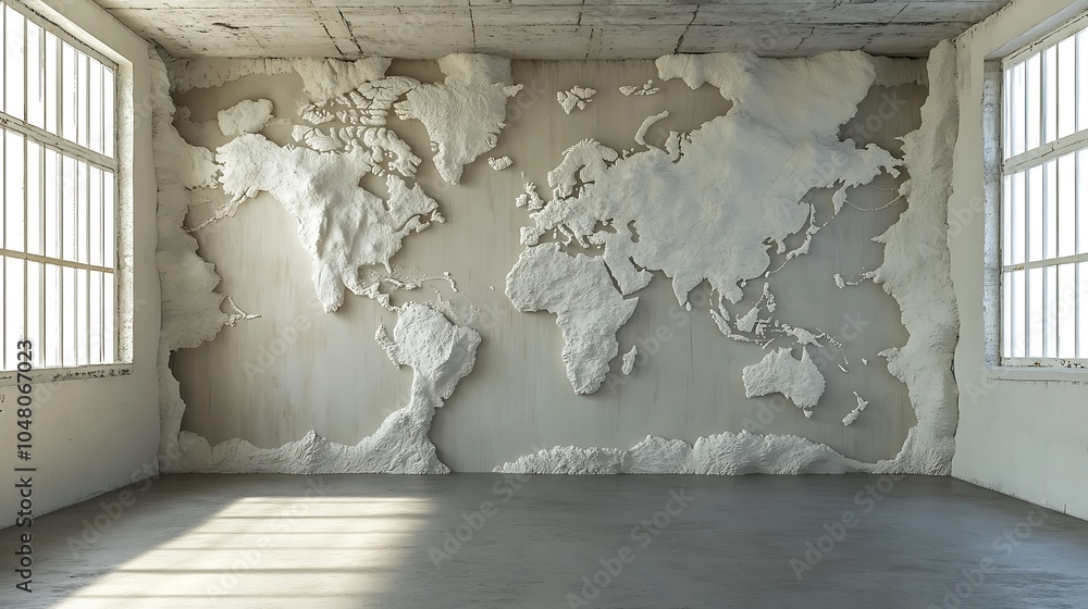 3D world map in a room with different heights for continents ...