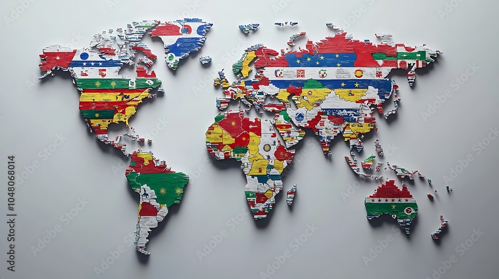 World map made from flags of different countries, each flag filling in its respective country ...