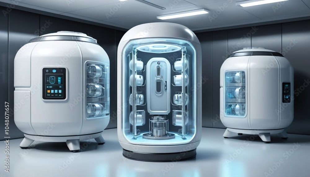 Futuristic cryonics capsules, sci-fi lab equipment, 3D illustrations ...