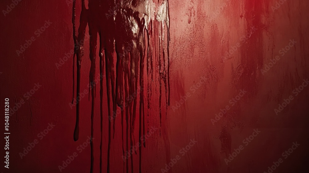 Dark red wall with dripping blood and eerie scratches, evoking a ...