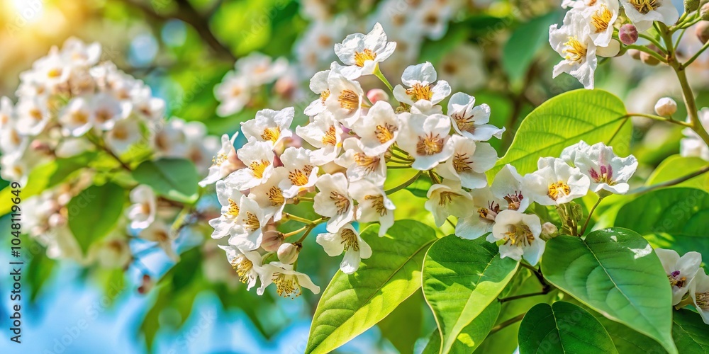 Tilted angle Catalpa tree with flowers and leaves catalpa bignonioides ...