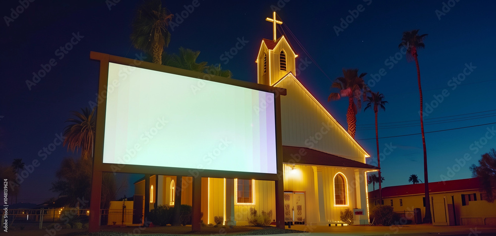 Tiny night church small town blank white sign mockup billboard signage ...