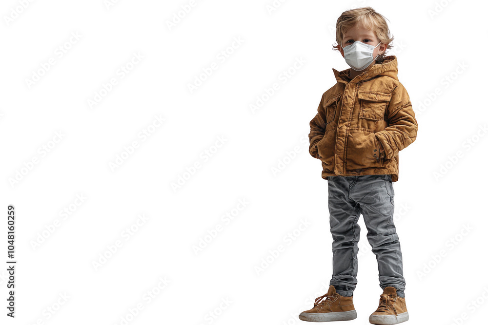 Caucasian little boy wearing KN95 white Mask isolated on transparent ...