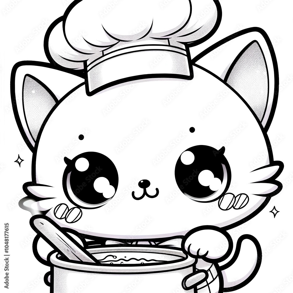 Ilustración de Stock coloring page of cat wearing a tiny chef hat ...