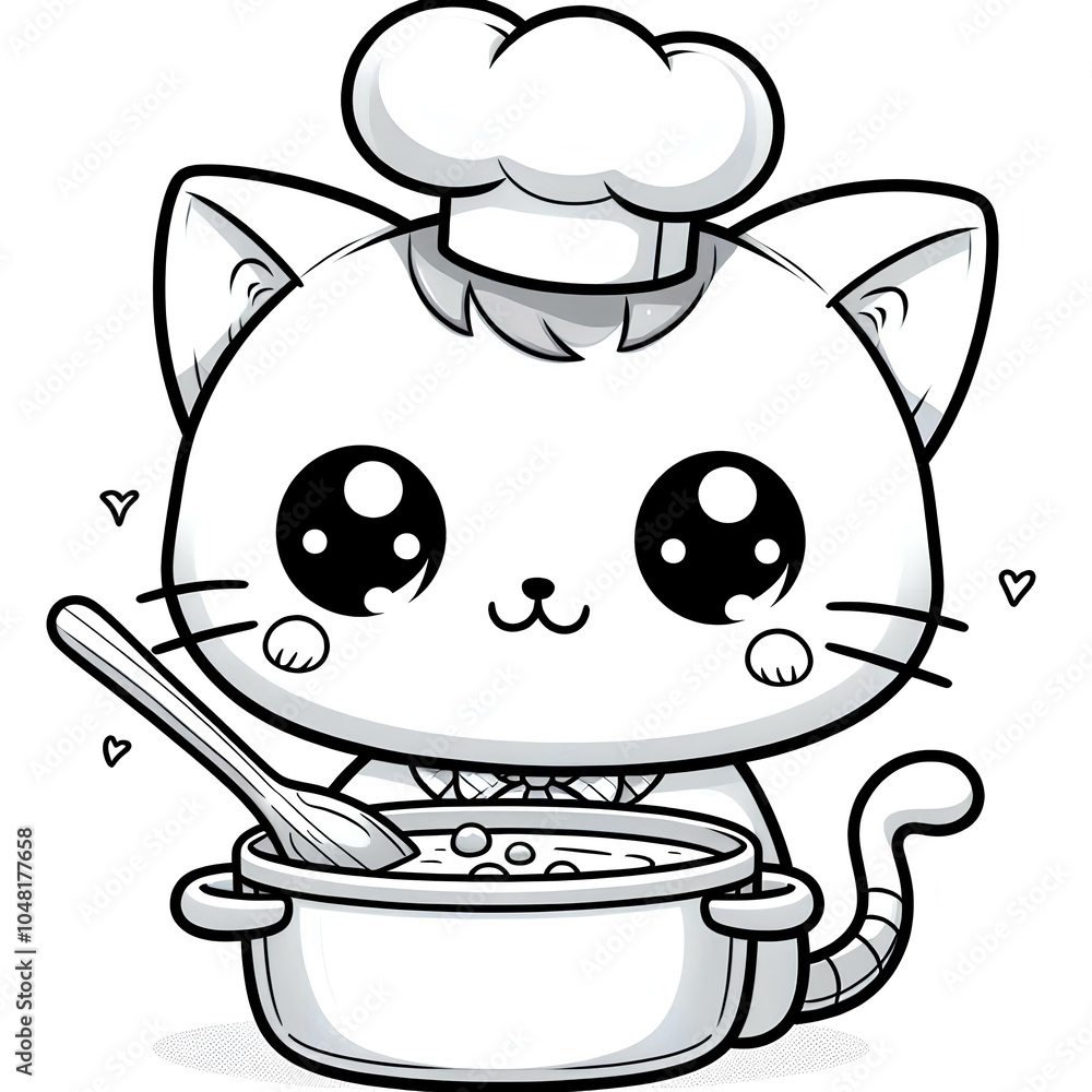 coloring page of cat wearing a tiny chef hat, children coloring page ...