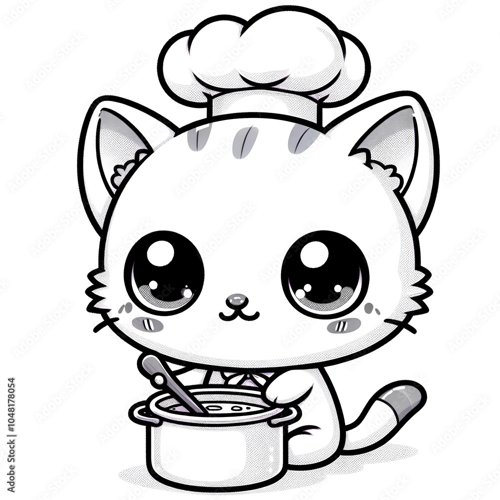 coloring page of cat wearing a tiny chef hat, children coloring page ...