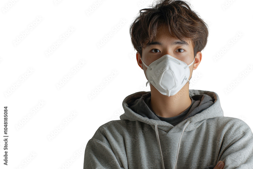 full body of a Asian man wearing white KN95 Masks in hoddie isolated on ...