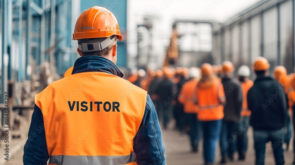 factory inspection. group of visitors on the factory tour. people go in ...