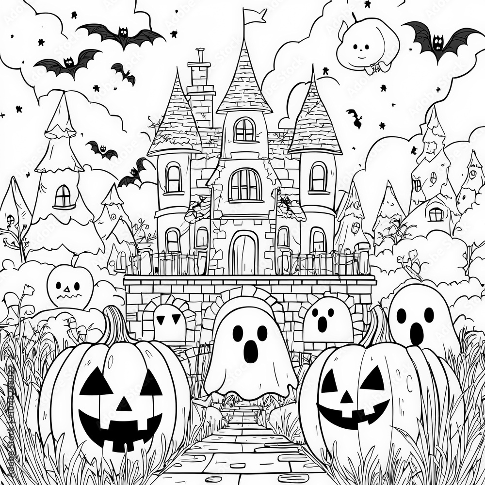 A Halloween scene with pumpkins and ghosts, coloring page for kids ...