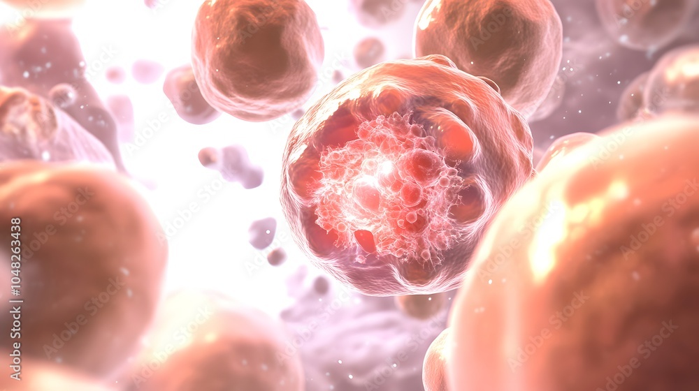 Microscopic view of a cell undergoing apoptosis, nucleus shrinking and ...