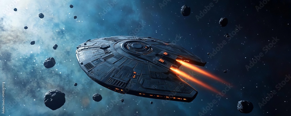 Alien spaceship navigating an asteroid belt, shields deflecting debris ...