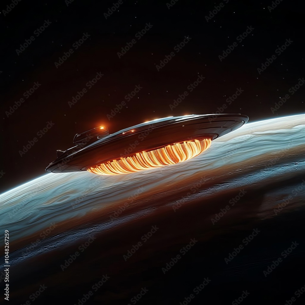 Alien spaceship performing an atmospheric entry on a gas giant, glowing ...