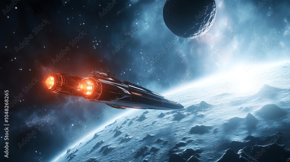 Futuristic spaceship crossing paths with a comet, interacting with its ...