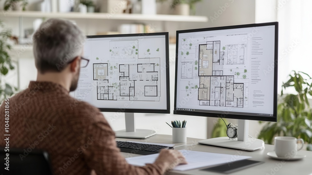 Architect showing client floor plans and 3D renders on dual monitor ...