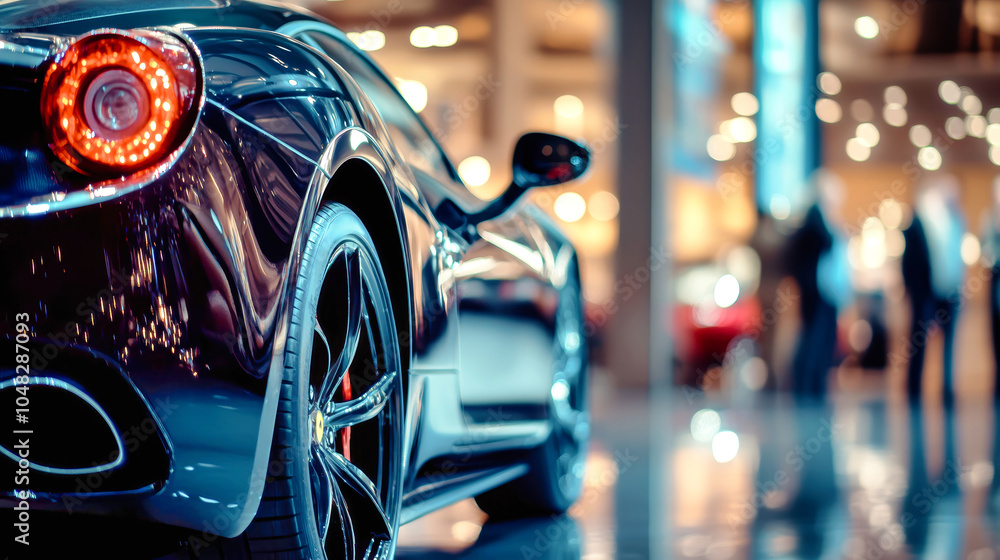 Luxury black cars showcased in a modern showroom with panoramic views ...