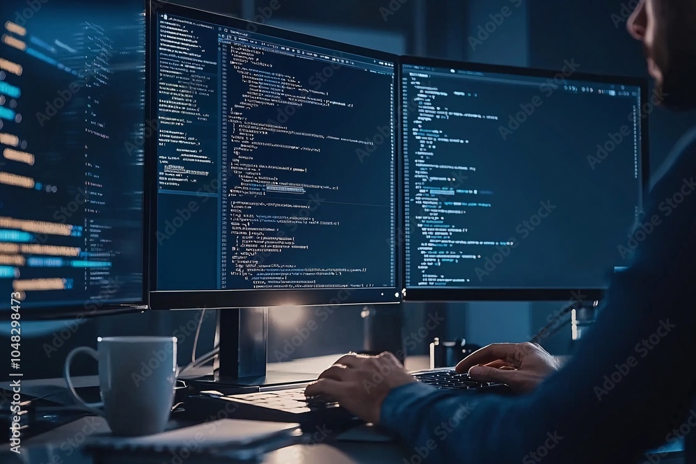 Programmer integrating API with website on a dual monitor setup, efficient web development ...